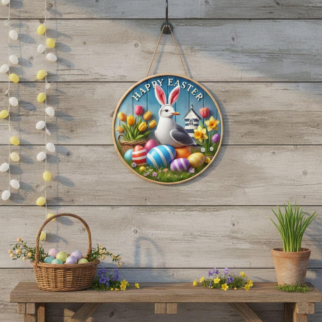 Maritime Wooden Easter Sign, Happy Easter Decorative Sign, Round Front ...