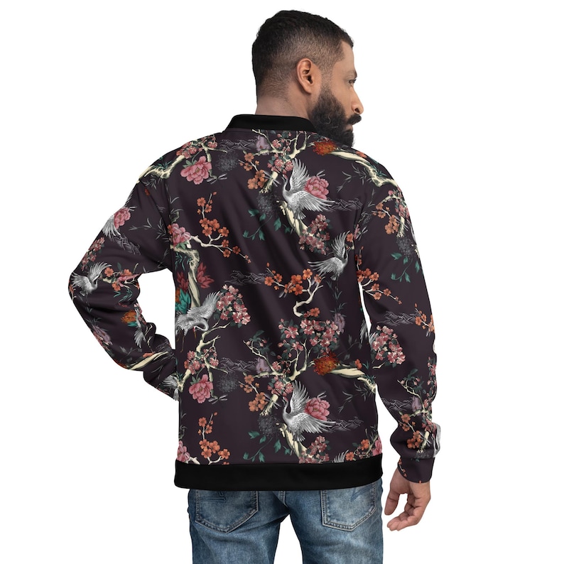 Asian Bomber Jacket With Cranes and Flowers – Unisex Black Transitional ...