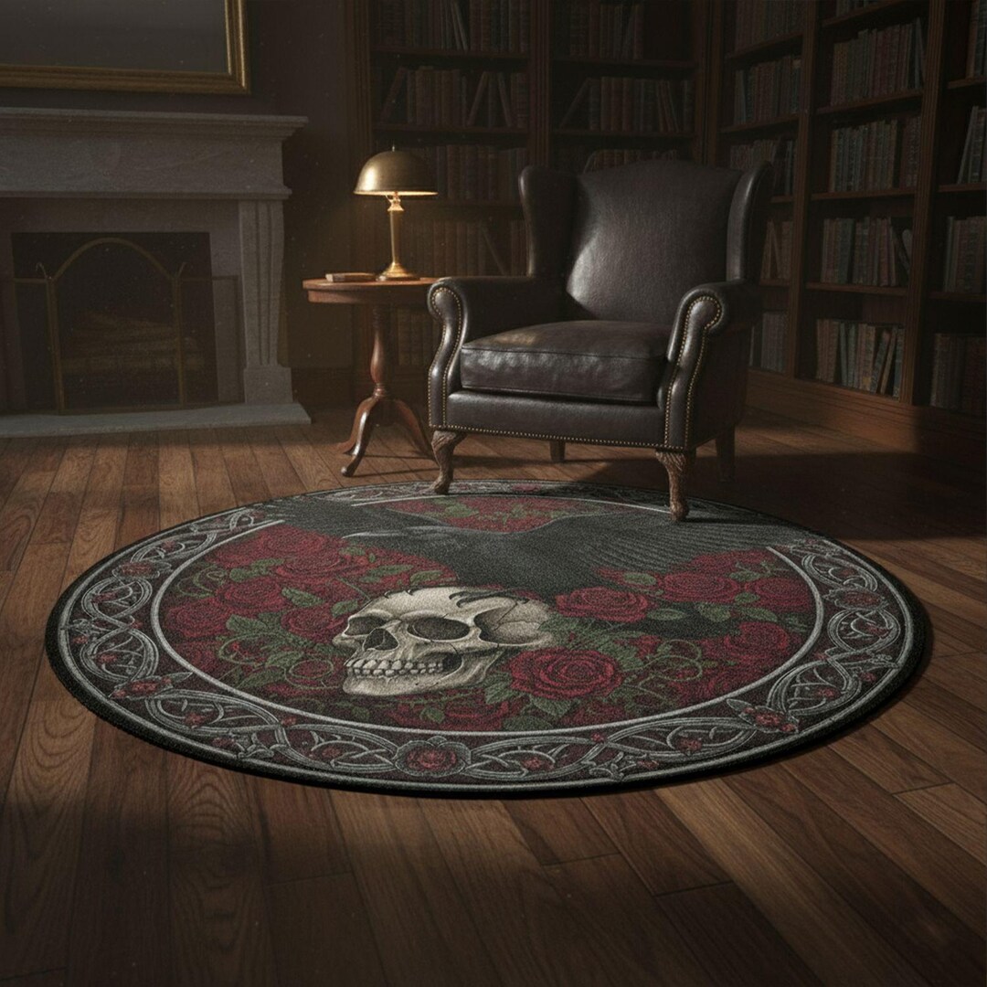 Raven Skull Roses Motif Gothic Rug Round, Magical Fantasy Round Rug ...