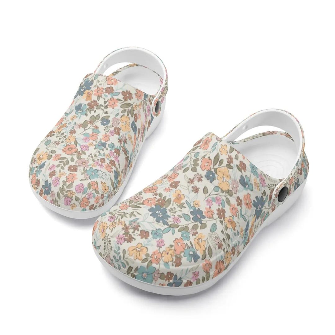 Women's Clogs Floral Pattern, Garden Clogs Floral Beige, Mules With ...