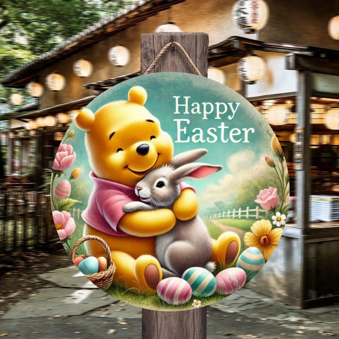 Easter Sign Wooden Round - Happy Easter Door Sign With Winnie the Pooh ...