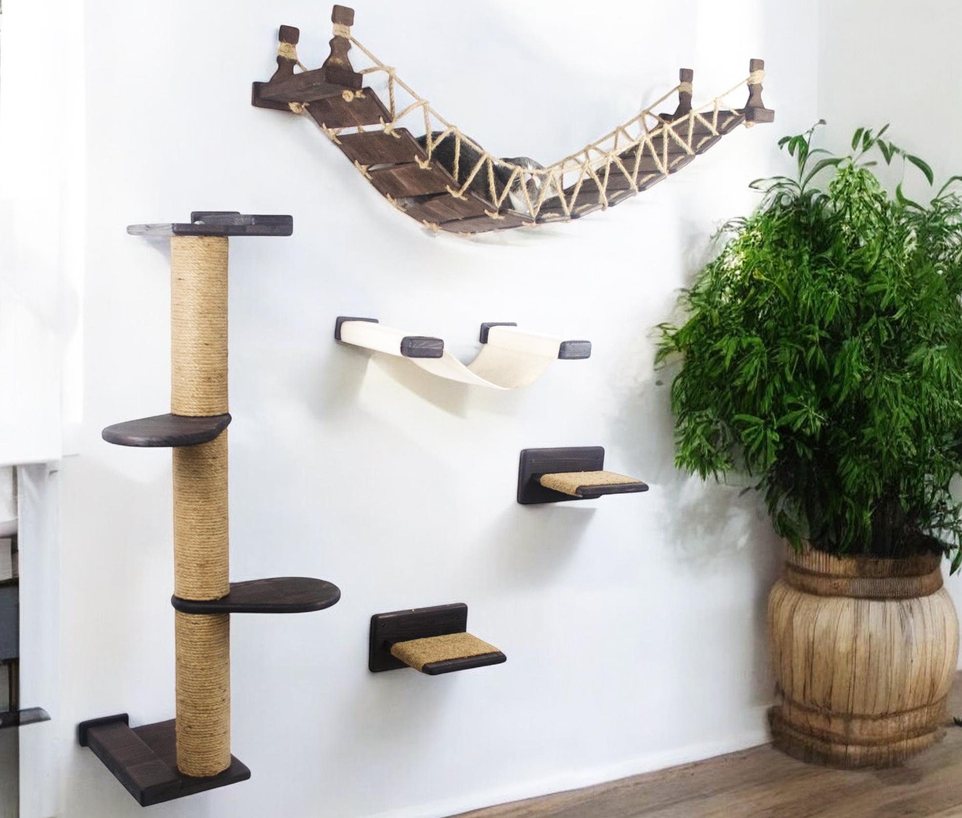 Modern Cat Wall Furniture, Natural Wood Cat Climbing Set, Cat Wall ...