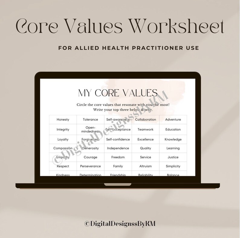 Identifying Core Value Worksheet, Clarification Core Values, CBT ...