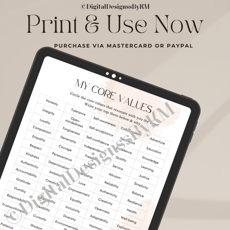 Identifying Core Value Worksheet, Clarification Core Values, CBT ...