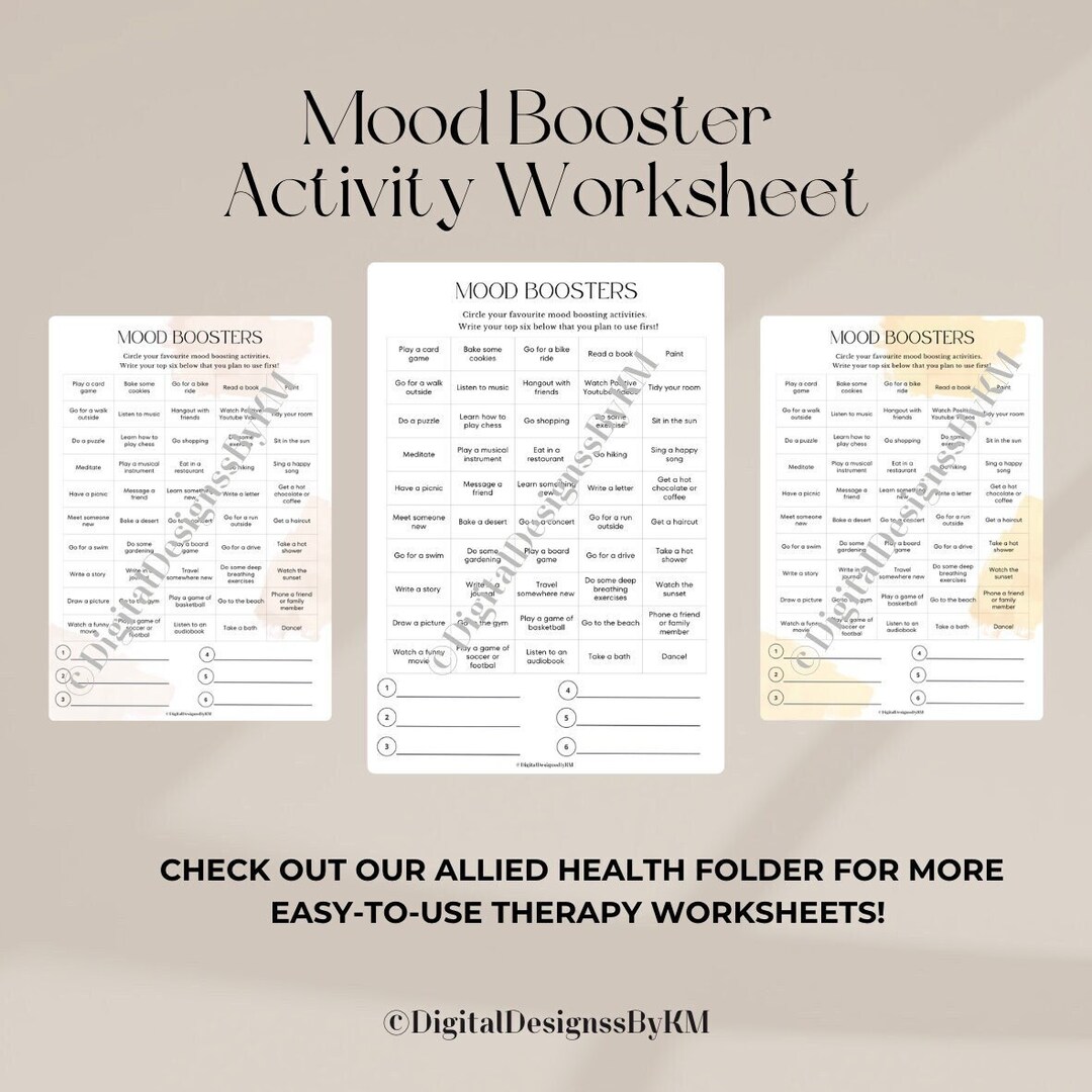 Mood Boosting Activity Worksheet, Mental Health Worksheet, Activity ...