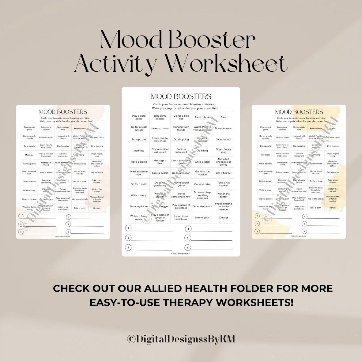 Mood Boosting Activity Worksheet, Mental Health Worksheet, Activity ...