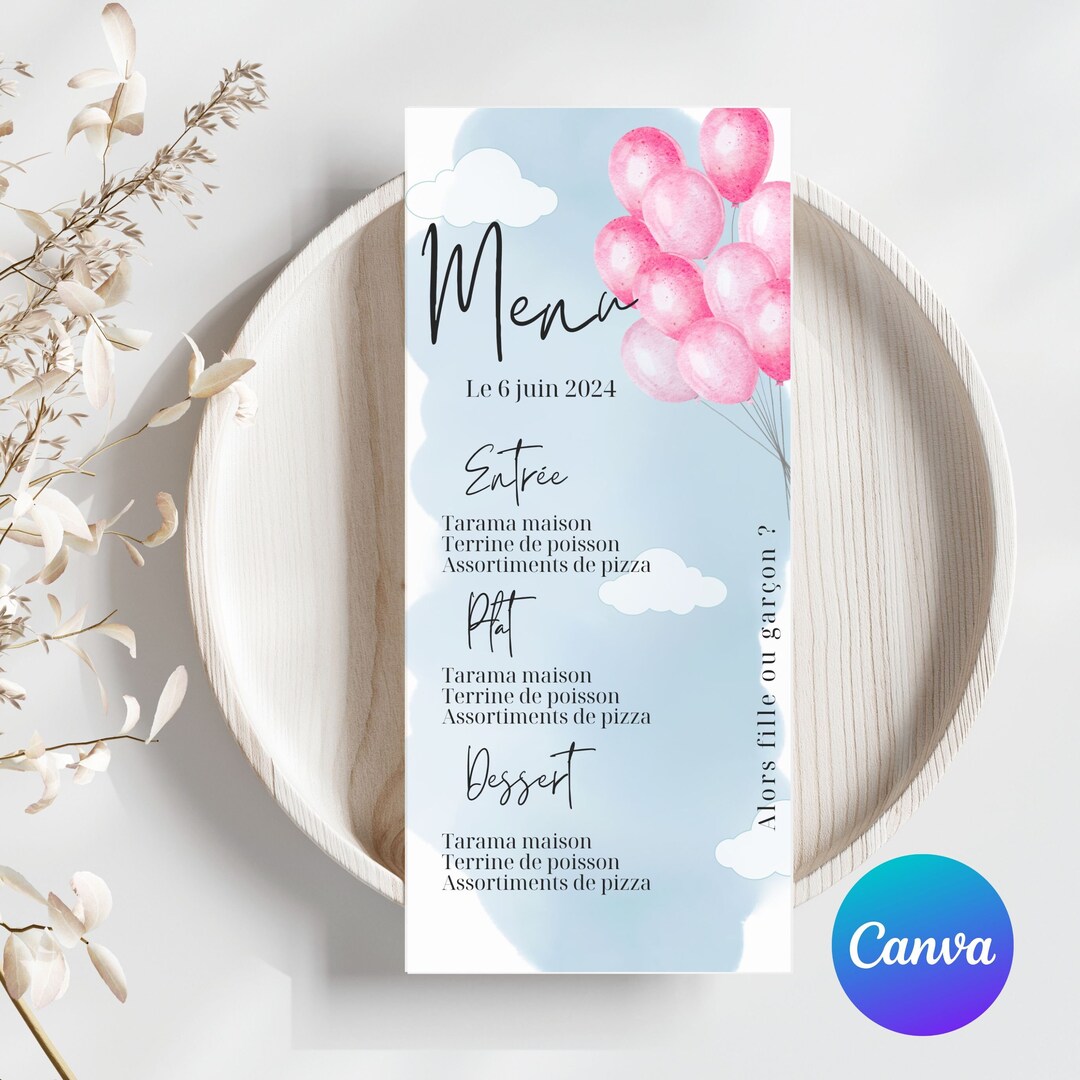 Menu Template for Baby Shower or Gender Reveal Menu Pink and Blue Cloud ...