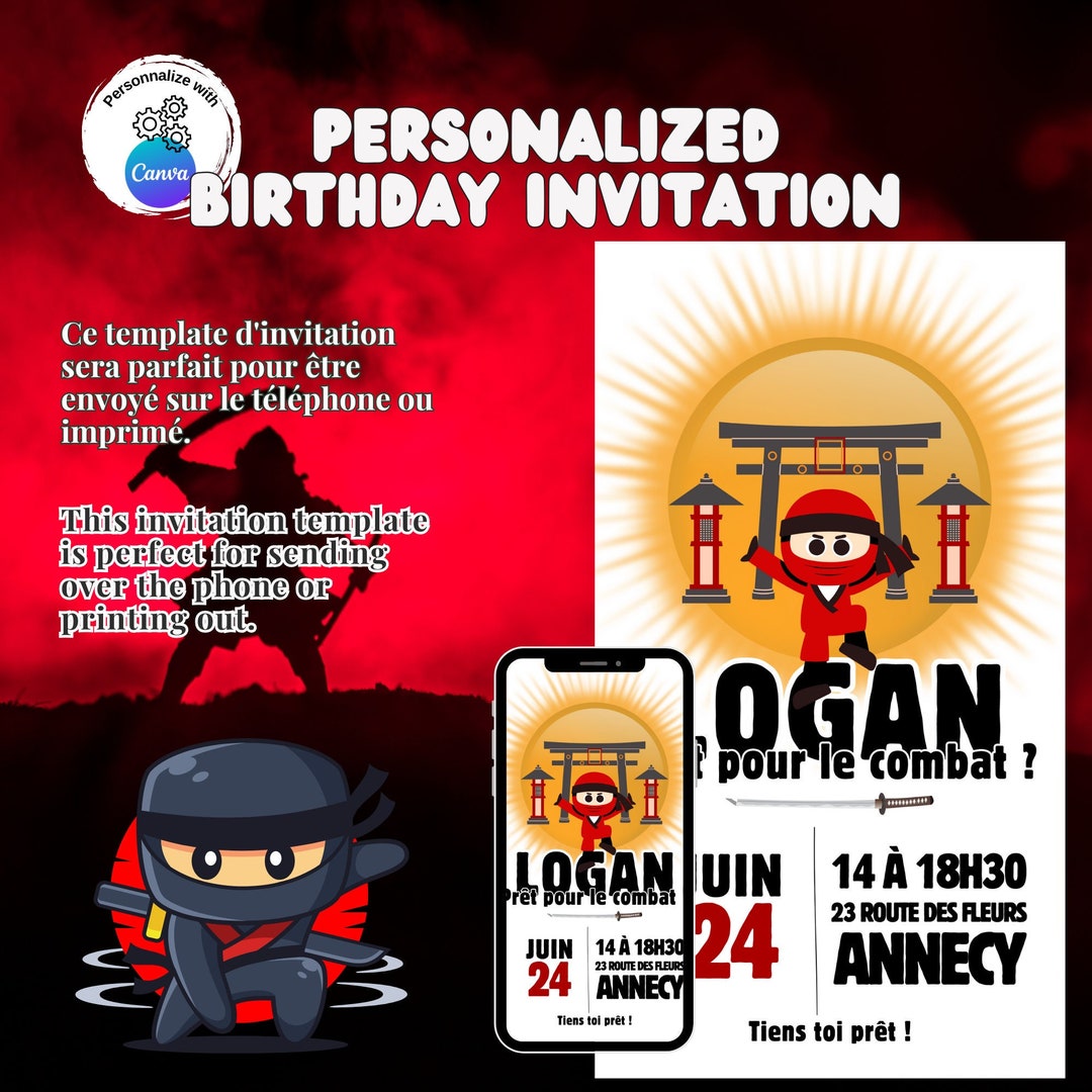 Virtual and Printable Personalized Ninja Child Birthday Card Template ...