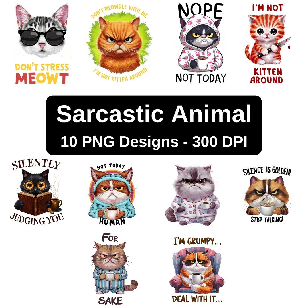 Sarcastic Grumpy Cat Clipart PNG Bundle: Funny Animal Designs (digital ...