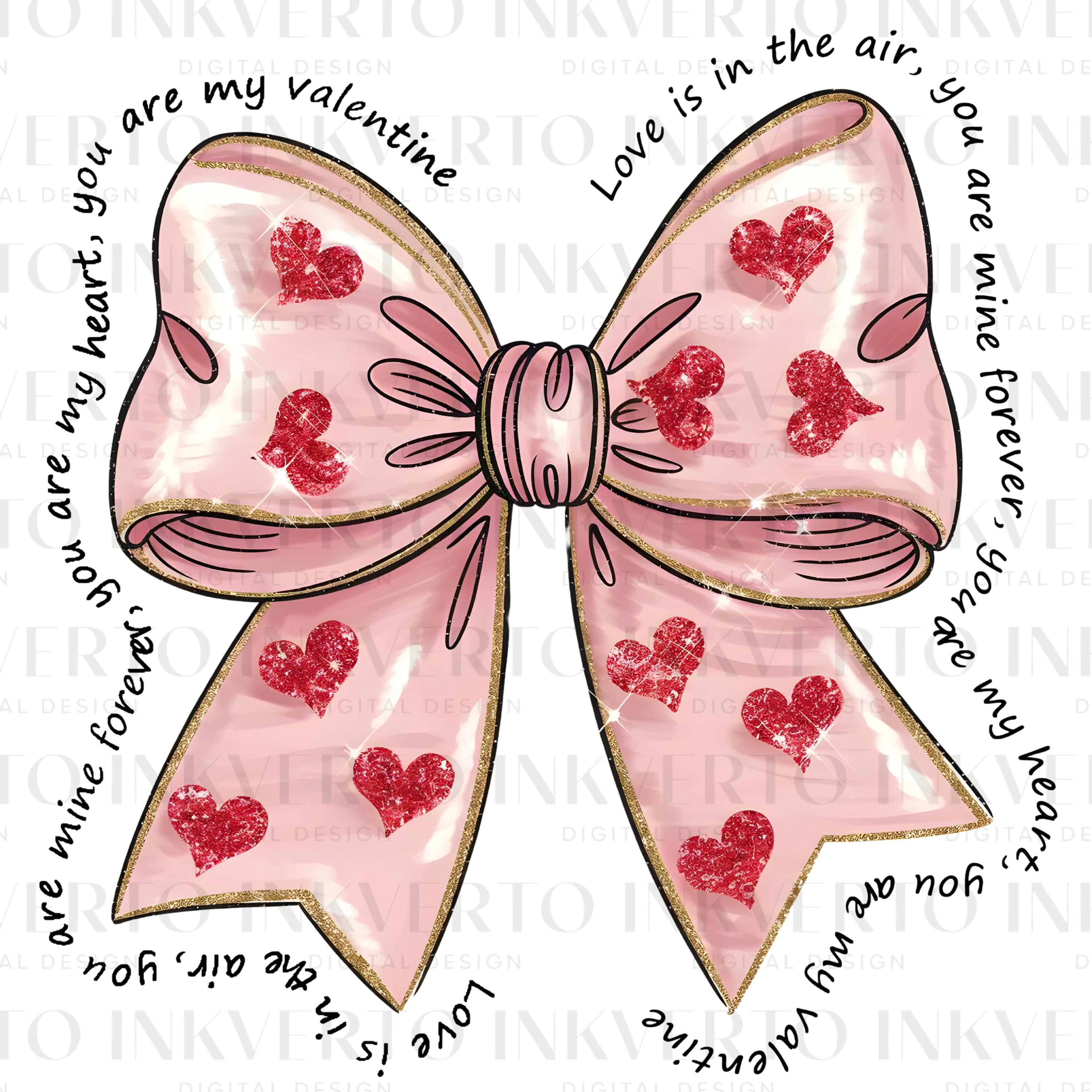 Valentines Day Bow Png Clipart, Pink Ribbon With Glitter Hearts ...