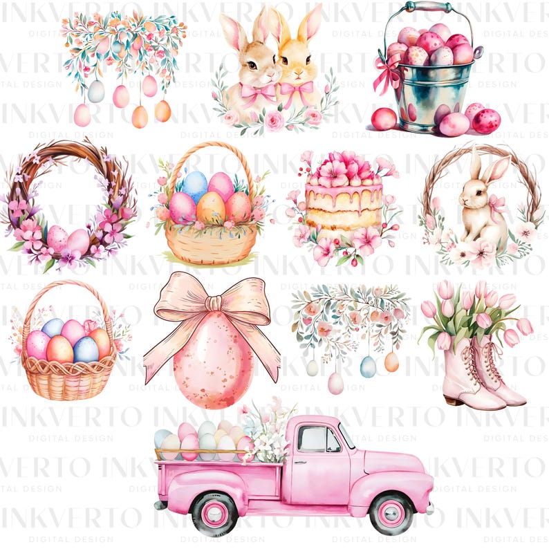 Watercolor Easter Clipart Bundle: Bunnies, Eggs, Flowers (PNG Digital ...