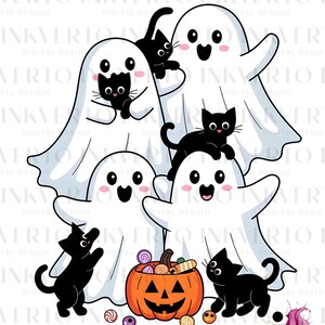 Ghosts and Black Cats Halloween PNG, Cute Trick or Treat Digital ...