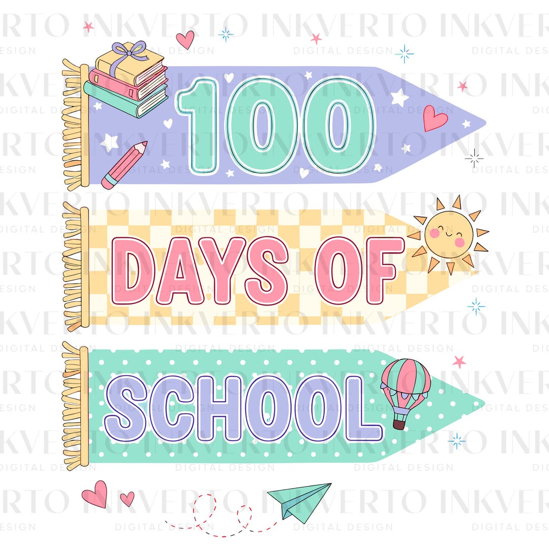 100 Days of School PNG | Cute Pencil Banner School Design | Pastel ...