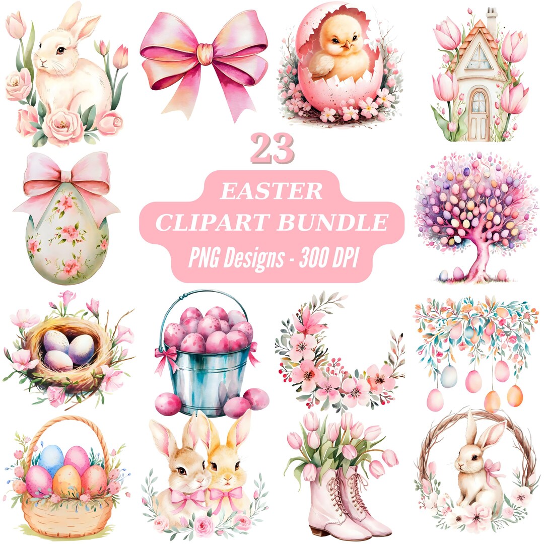 Watercolor Easter Clipart Bundle: Bunnies, Eggs, Flowers (PNG Digital ...