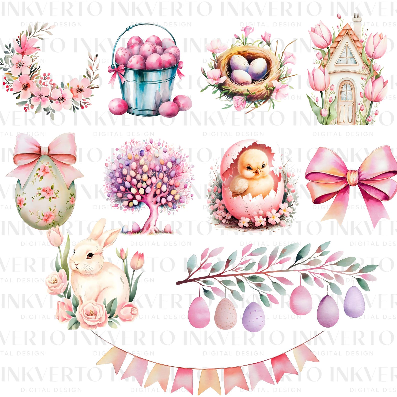 Watercolor Easter Clipart Bundle: Bunnies, Eggs, Flowers (PNG Digital ...