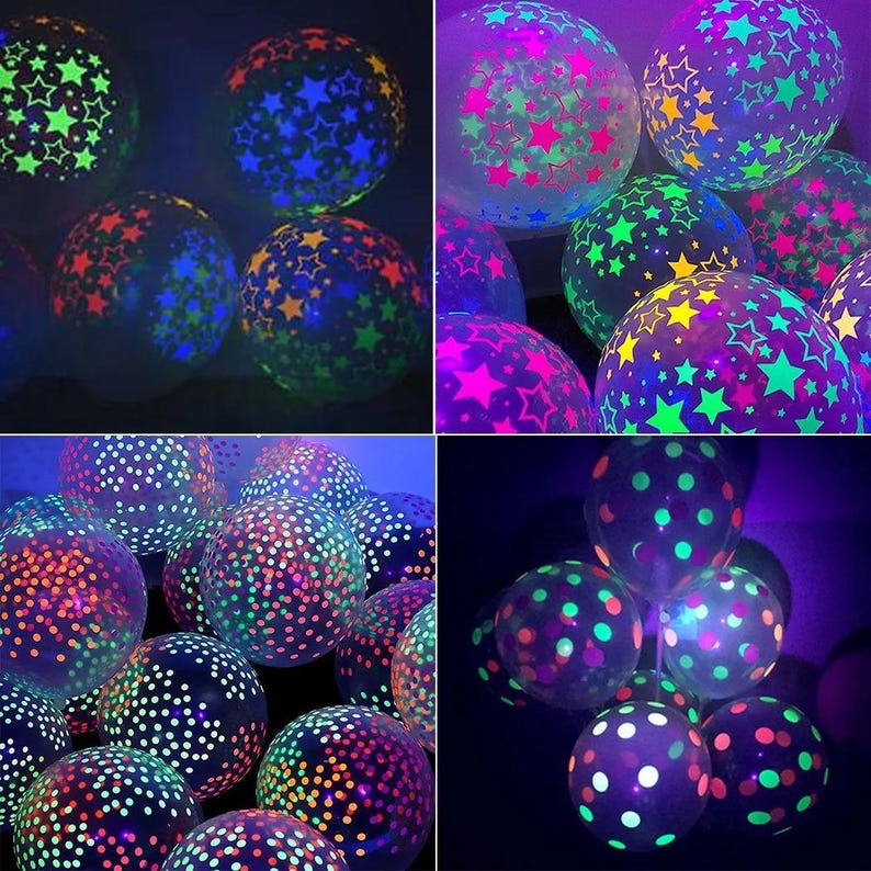 Glow in Dark Neon Balloons Latex Baloon Neon Coloured Dots and Stars ...