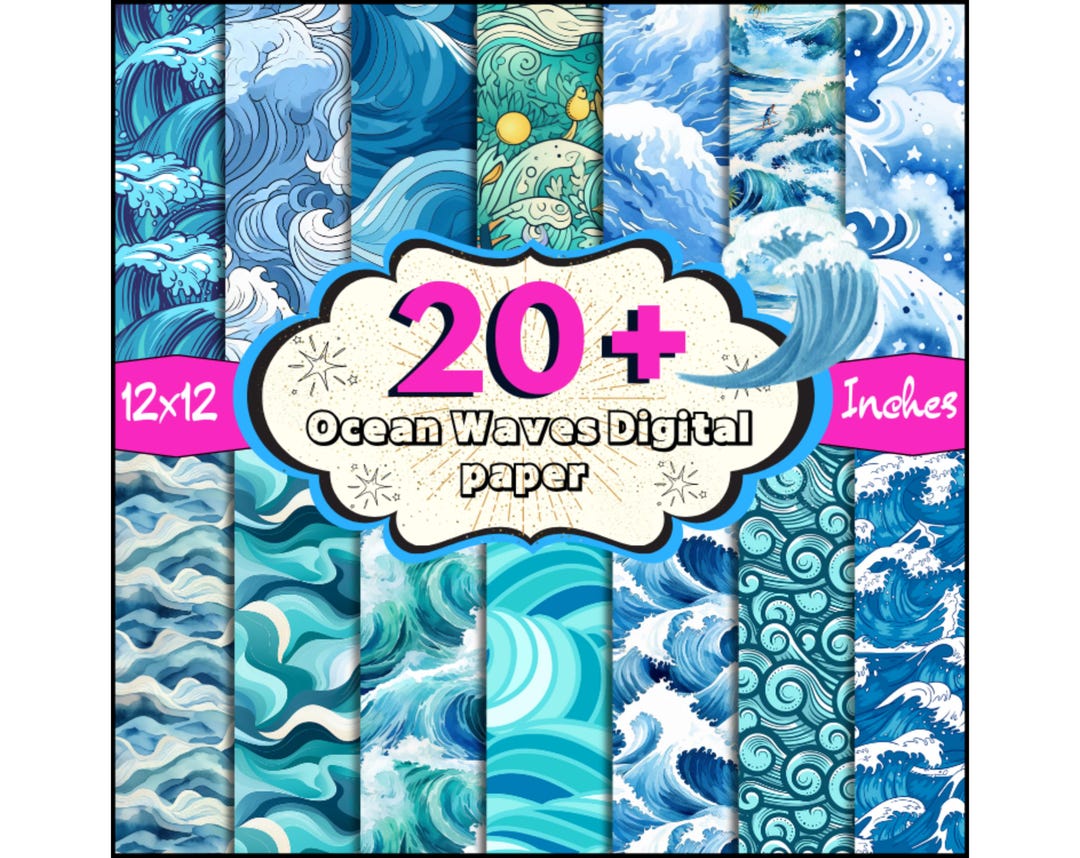 20 + Ocean Waves Digital Paper Pack, Blue Sea Scrapbook, Ocean Seamless Pattern, Ocean Waves ...