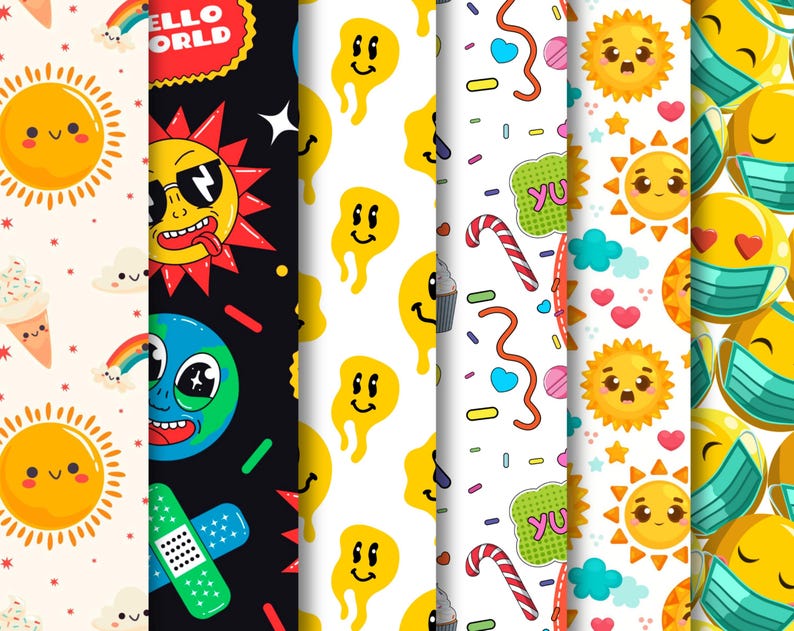 50 + Happy Face Digital Paper Pack, Smiley Seamless Pattern, Retro Face ...