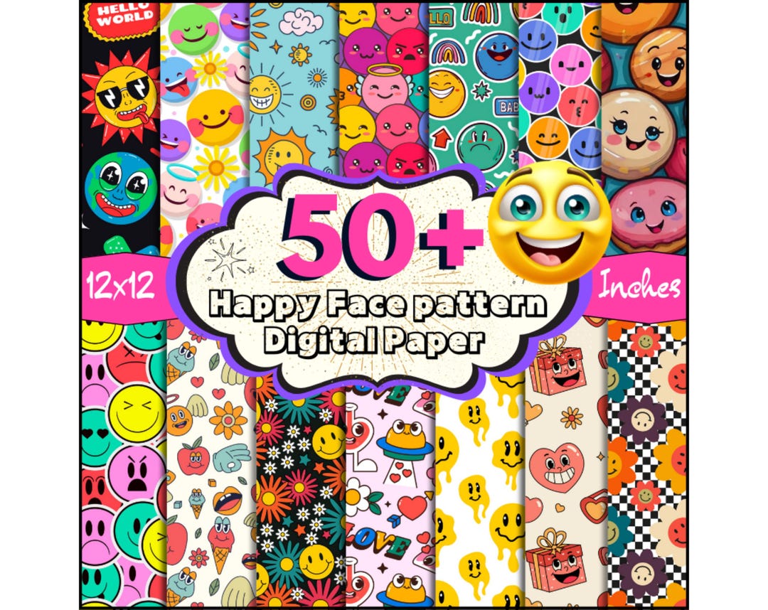 50 + Happy Face Digital Paper Pack, Smiley Seamless Pattern, Retro Face ...