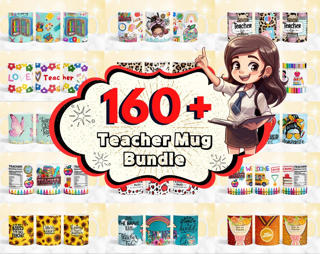 160 + Teacher Mug Wrap Designs Bundle, 11oz & 15oz Mug Sublimation ...