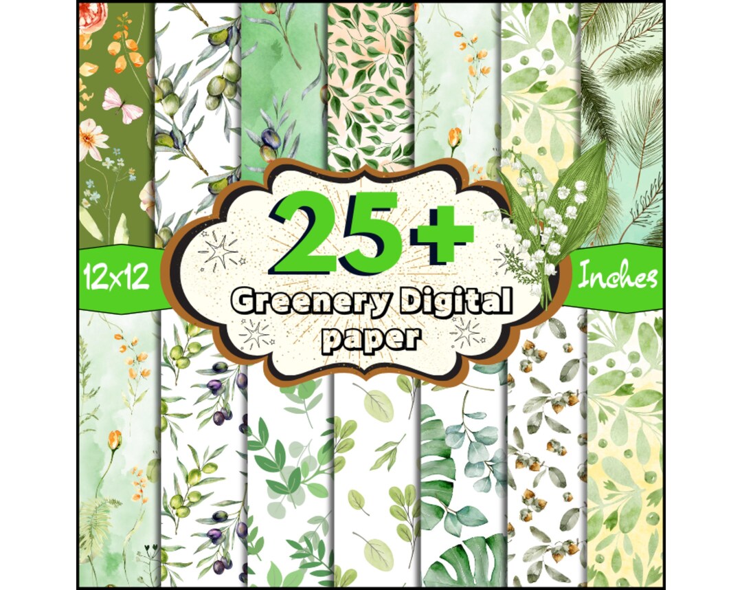 25 + Greenery Digital Paper Bundle, Botanical Collage Paper, Green ...