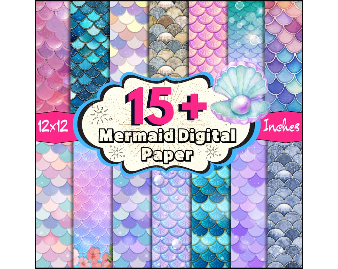 15 + Mermaid Digital Paper Bundle, Mermaid Scales Seamless Pattern ...