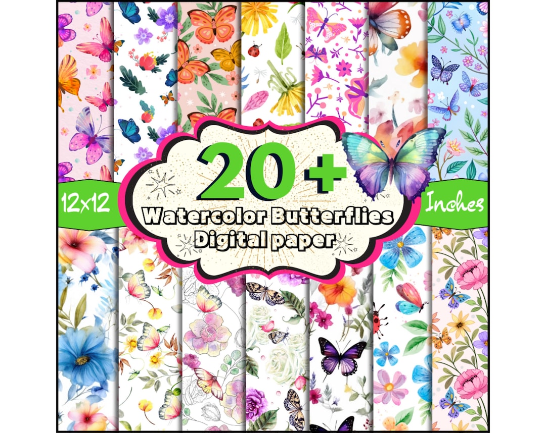 20 + Watercolor Butterflies Digital Paper Pack, Floral Background ...