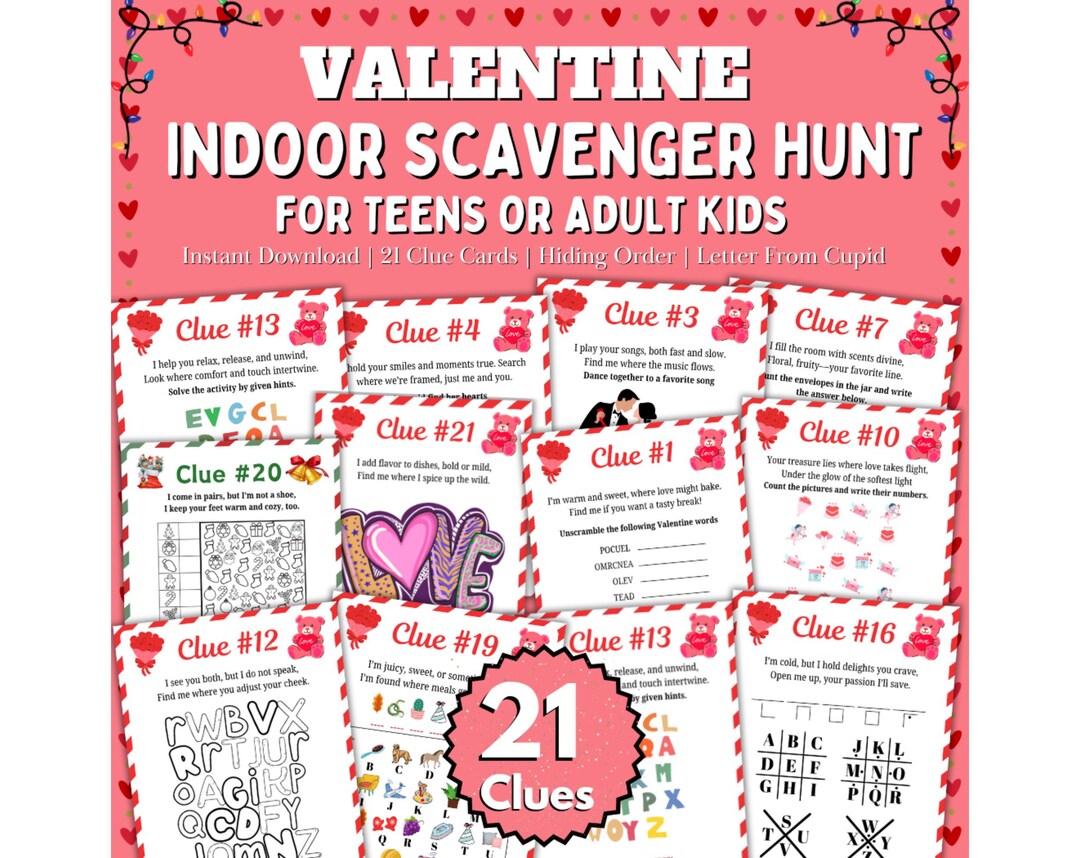 21 + Valentine Indoor Hunt Game, Valentine Clue Hunts, Valentine ...