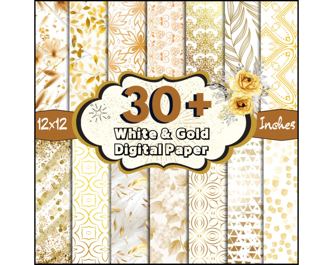 30 + White & Gold Digital Paper, Damask Digital Paper, Gold Foil ...