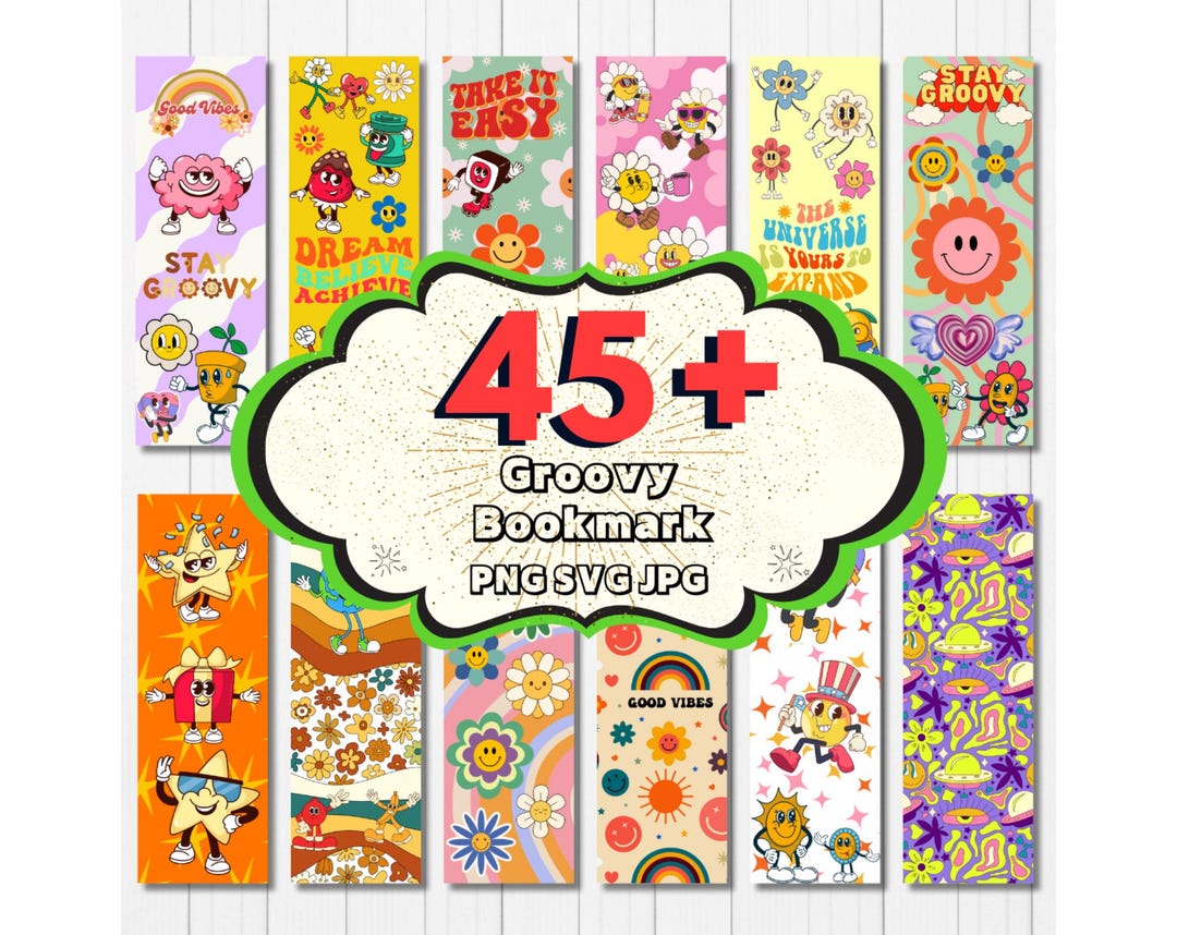 45 + Groovy Book Mark Bundle, Retro Printable Book Mark, Funky Bokrmark ...