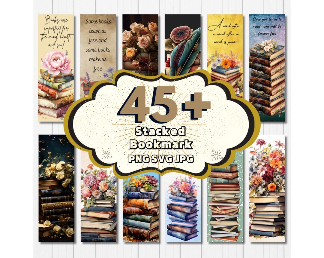 45 + Stacked Bookmark Design, Bookmark Sublimation Design, Book Lover ...