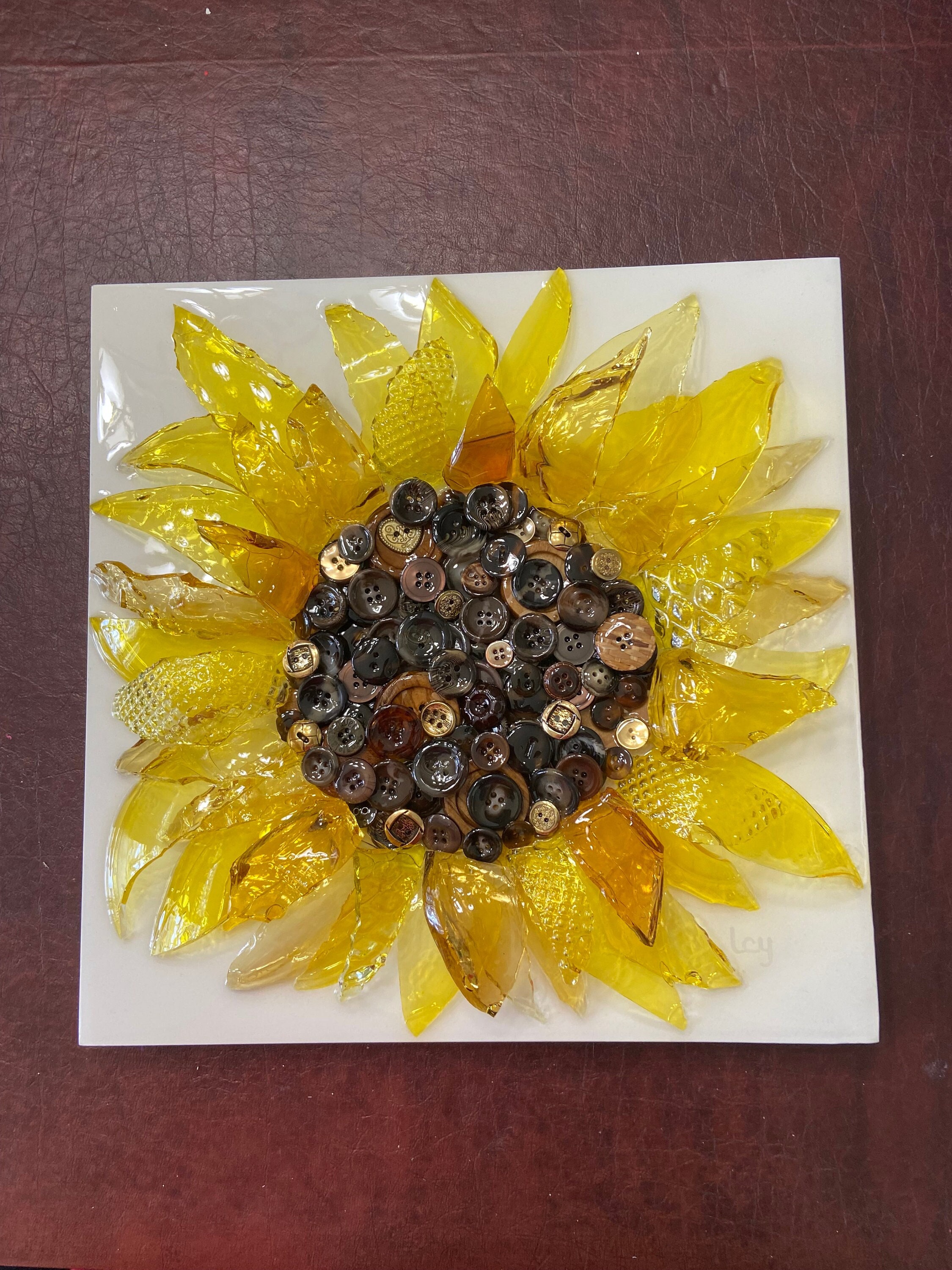Dazzling Upcycled Glass Buttons Resin Art Sunflower Sewing Room Home ...