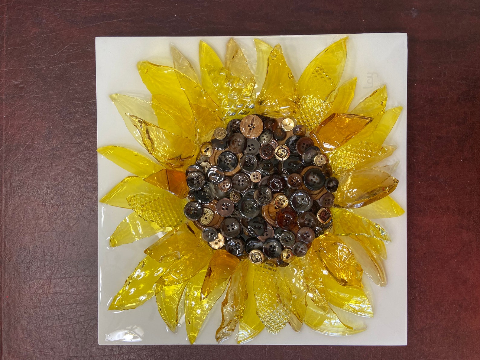 Dazzling Upcycled Glass Buttons Resin Art Sunflower Sewing Room Home ...
