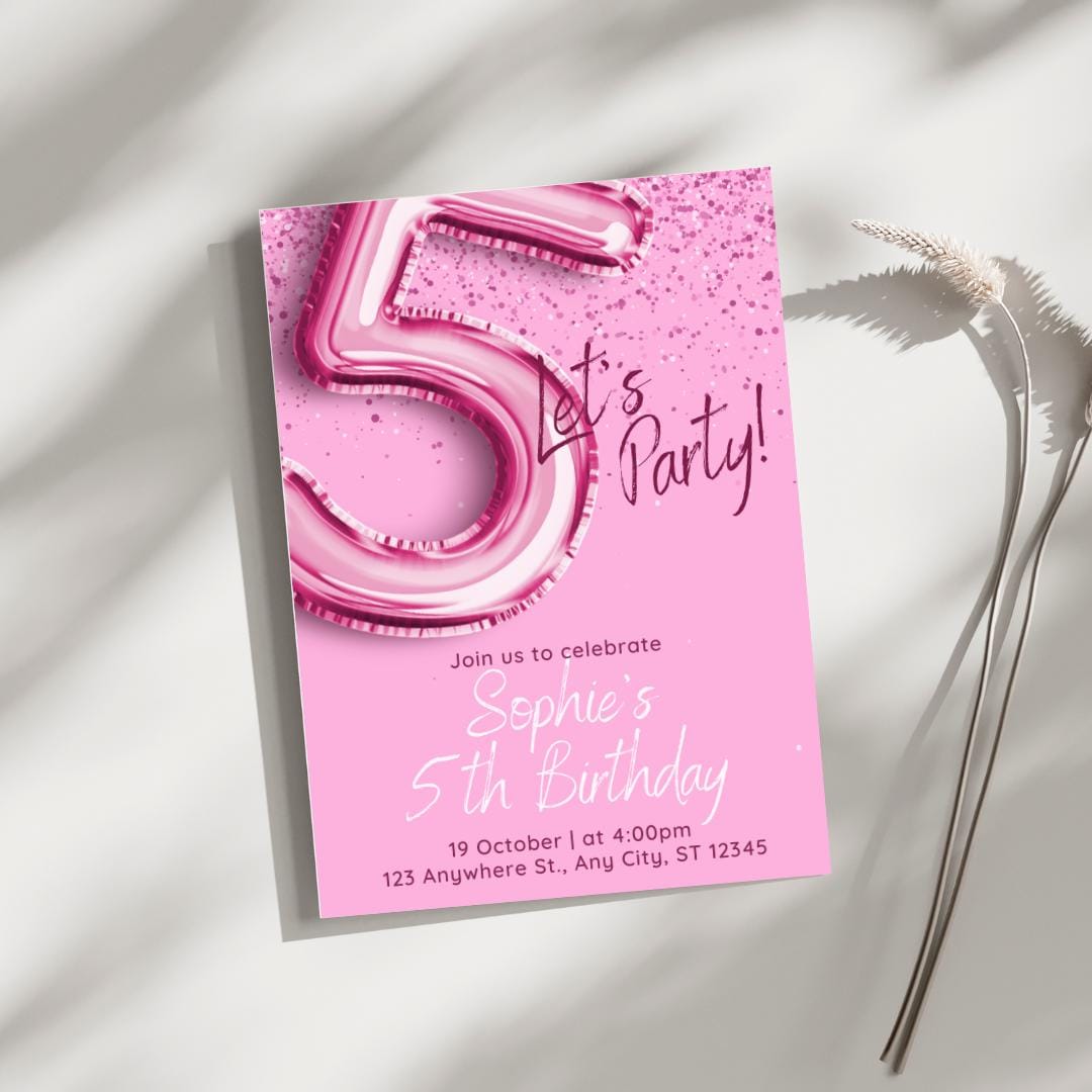 Editable Pink 5th Birthday Invitation | Girl Birthday Party Template ...