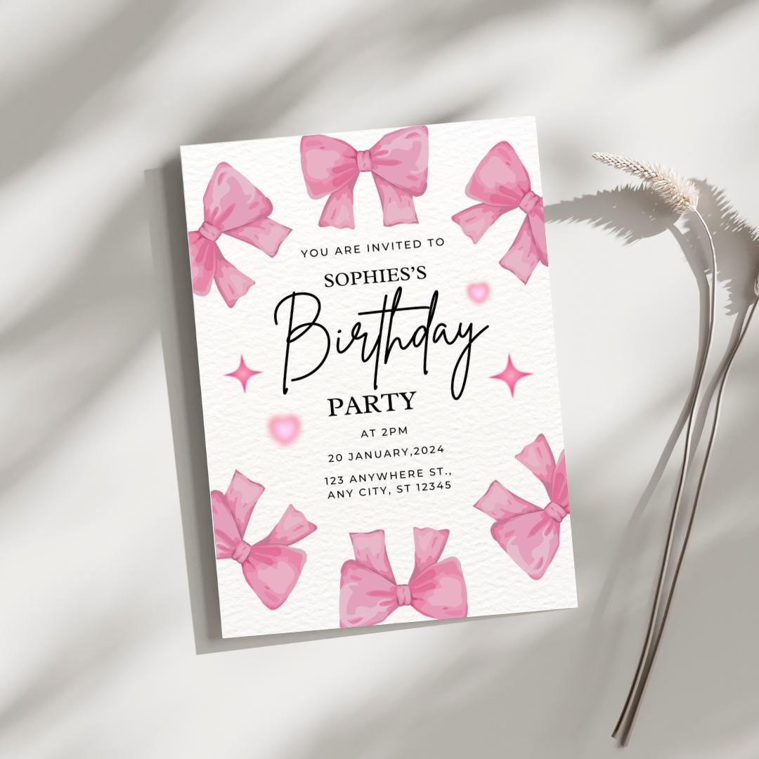 Editable Pink Bow Birthday Invitation | Cute Girly Birthday Invite ...