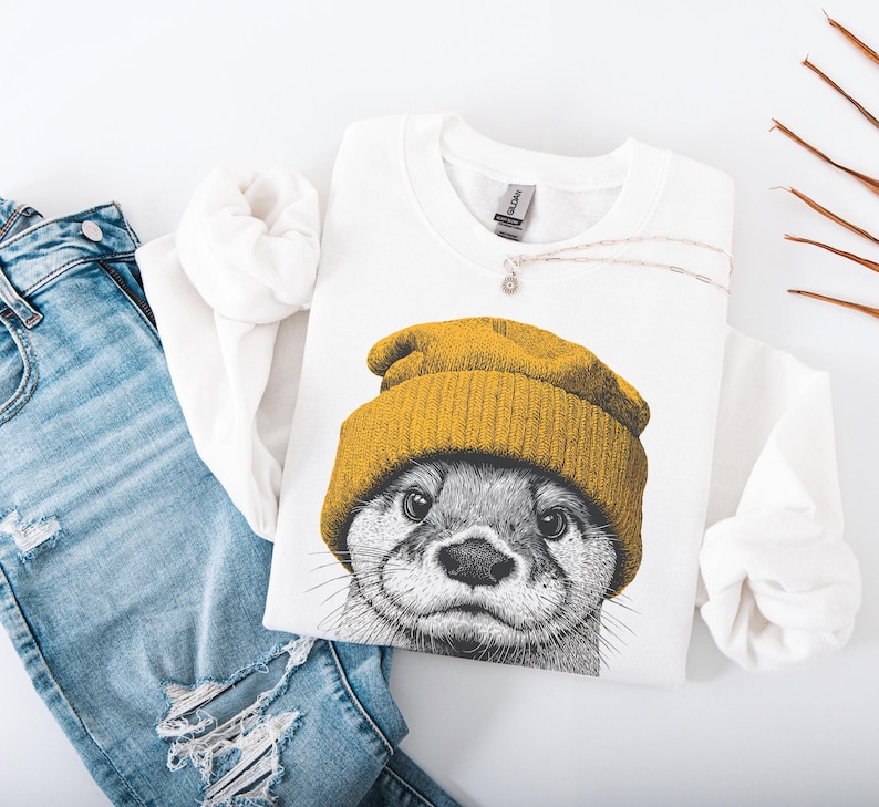 Otter in Beanie Sweatshirt -cozy Retro 90s Animal Pullover, Cute Otter ...