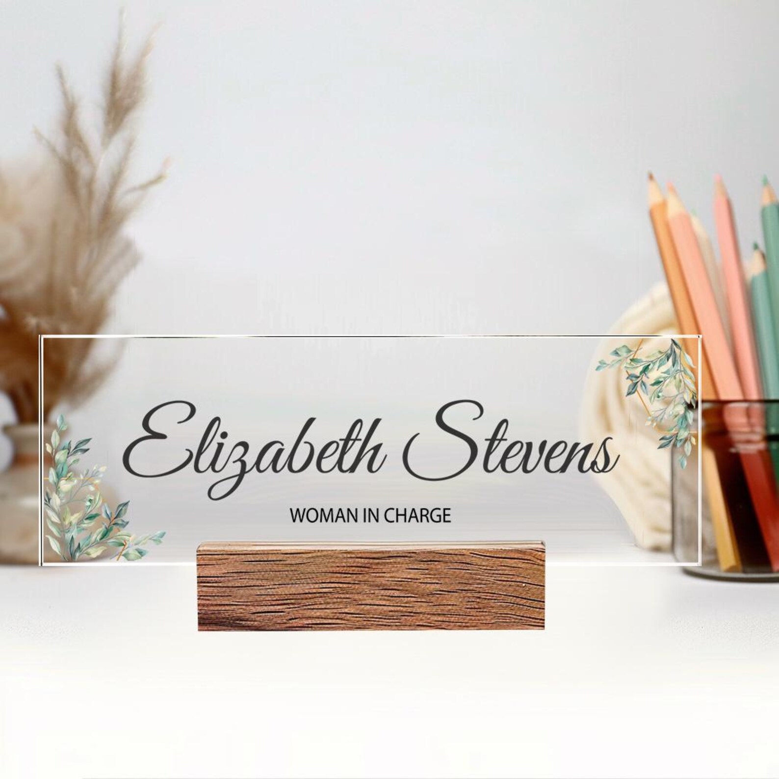 Personalized Acrylic Name Block W/ Wooden Base Minimal Executive Desk ...