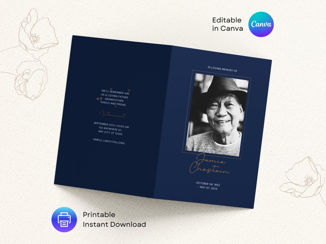 Navy Blue Funeral Program Template for Men | Editable Bifold in Canva ...