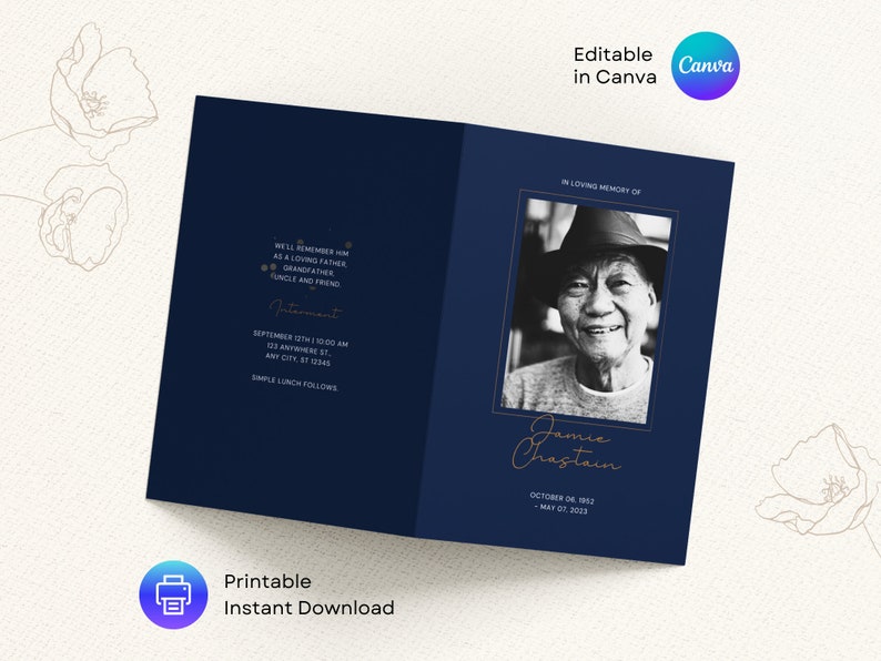 Navy Blue Funeral Program Template for Men | Editable Bifold in Canva ...