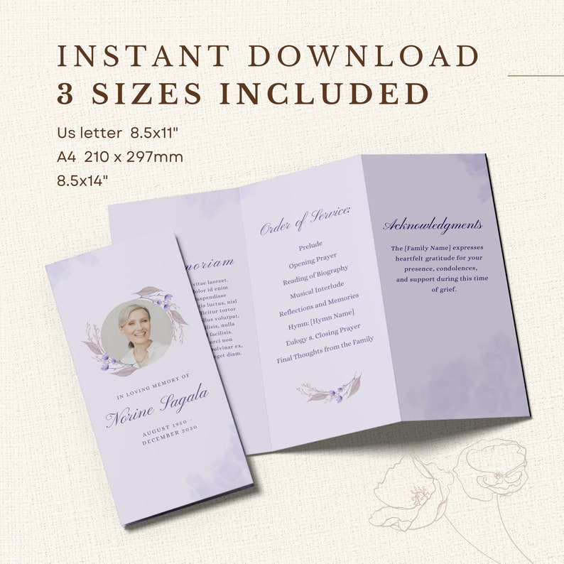 Lavender Trifold Funeral Program Template | Purple Editable Canva ...
