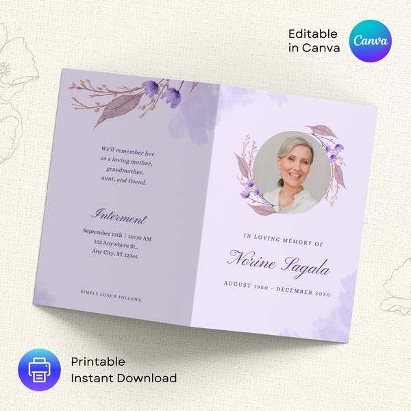 Floral Elegant Funeral Program Template for Woman Editable Bifold in ...