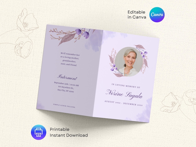 Lavender Funeral Program Template for Women | Editable Bifold in Canva ...