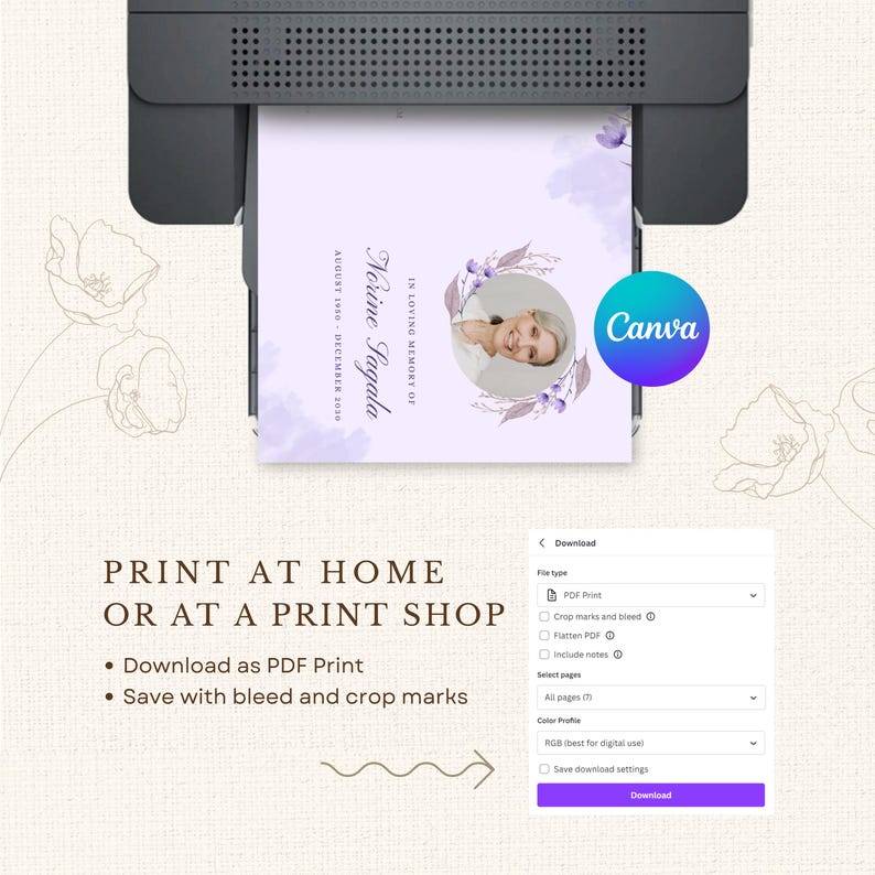 Lavender Funeral Program Template | Editable Bifold, Canva (digital ...