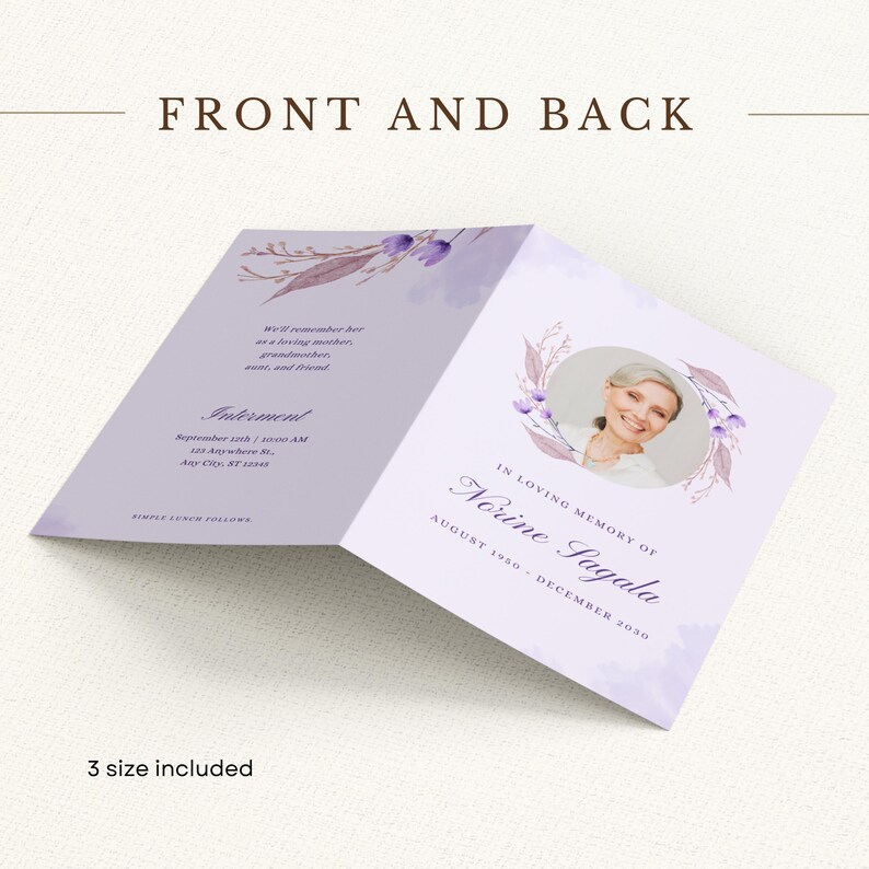 Lavender Funeral Program Template for Women | Editable Bifold in Canva ...
