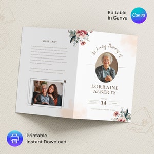 Floral Elegant Funeral Program Template for Woman | Editable Bifold in ...