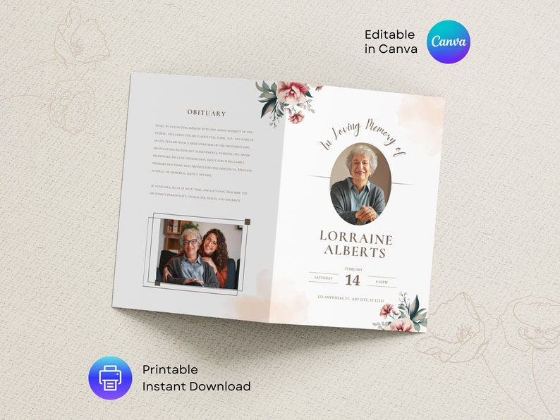 Floral Funeral Program Template | Elegant Bifold, Editable in Canva ...