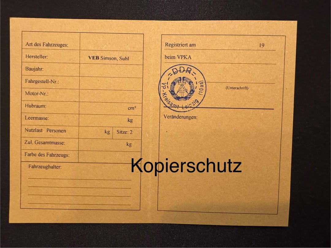 Simson SR2, Registration Certificate, ABE, Operating Permit Reprint ...