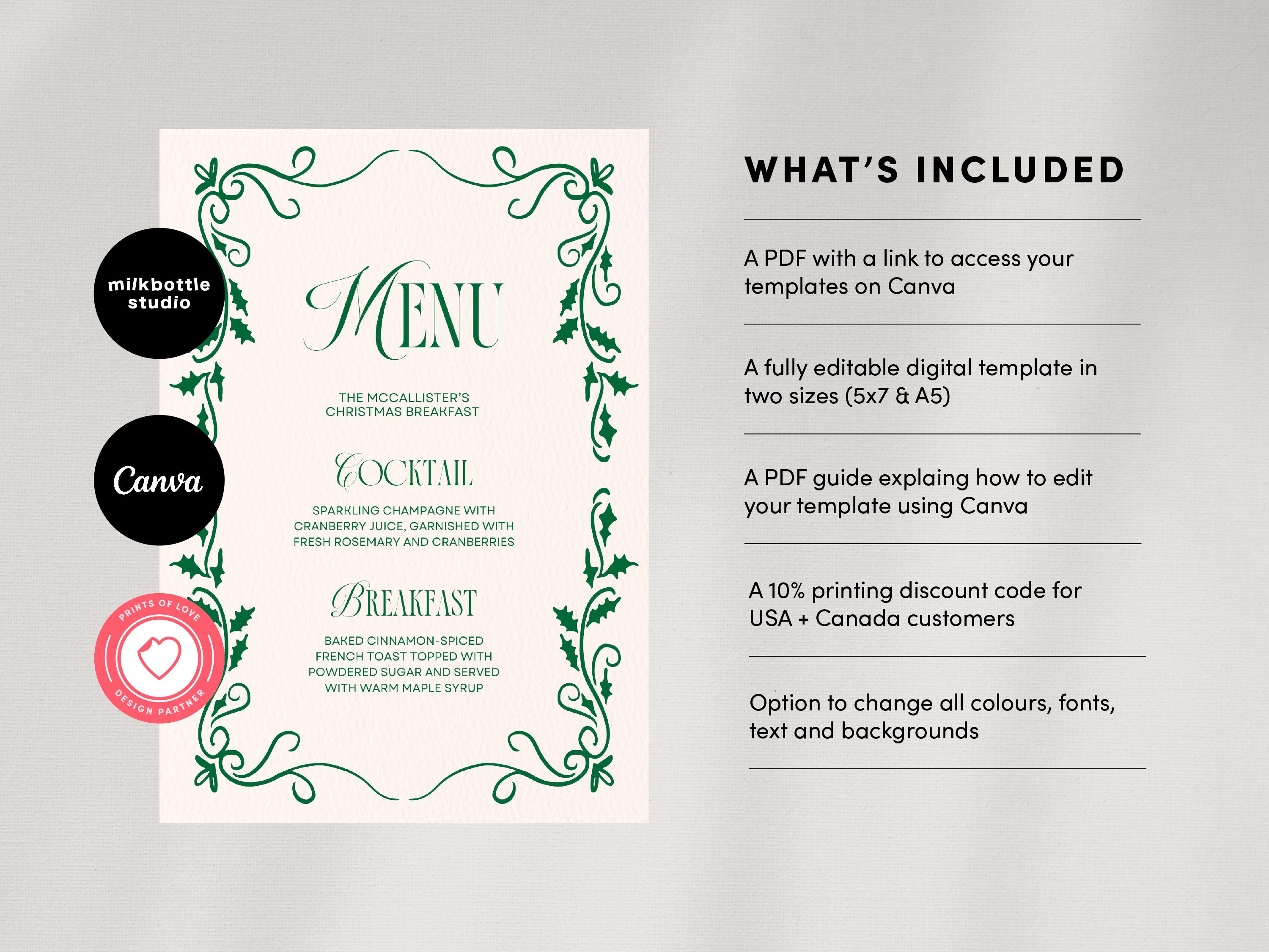 Christmas Breakfast Menu Template, Festive Printable Menu, Custom ...