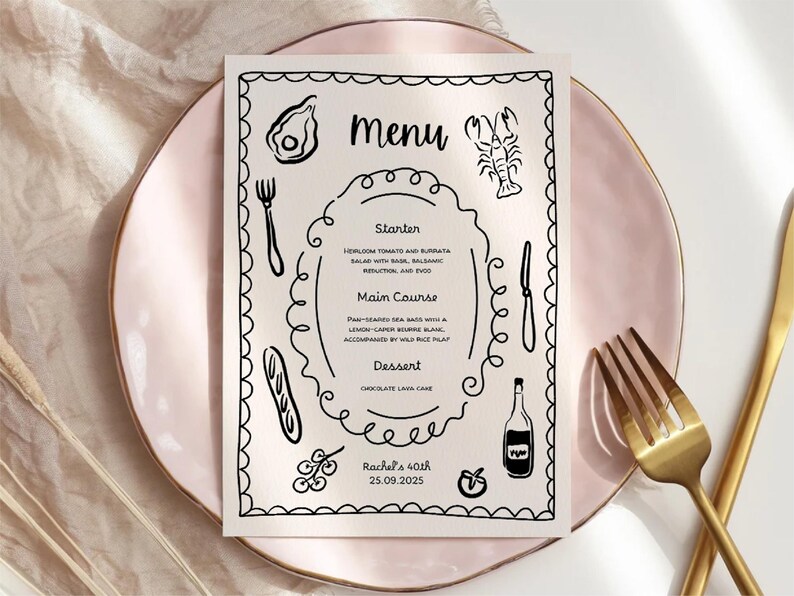 Dinner Party Menu, Hand Drawn Menu Card, Illustrated Menu Template ...