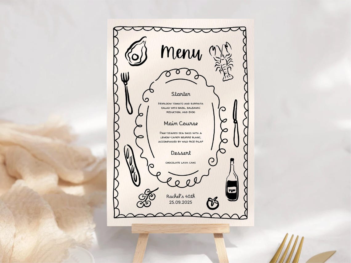 Dinner Party Menu, Hand Drawn Menu Card, Illustrated Menu Template ...